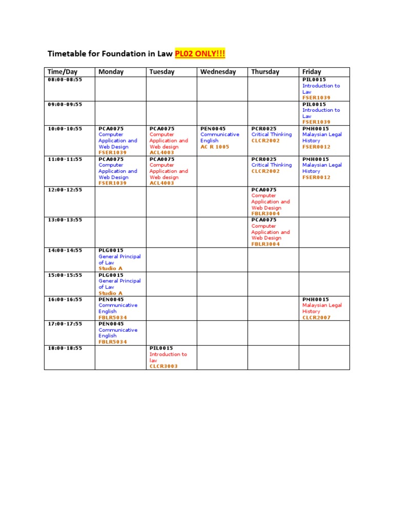 Timetable For Foundation in Law PL02 | PDF | Business | Technology ...