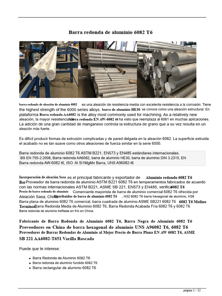 Barra Redonda de Aluminio 6082 T6 | PDF | Aluminio | Tratamiento a base ...