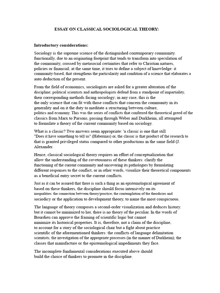 Essay On Classical Sociological Theory | PDF | Sociology | Theory