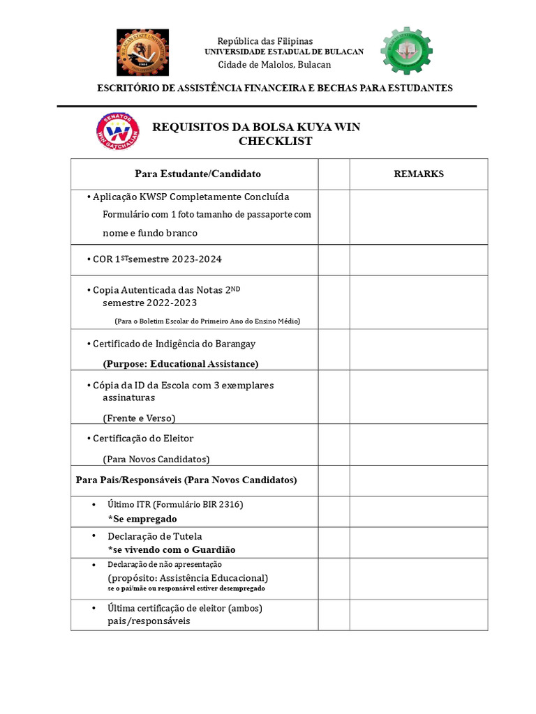 Requisitos Bolsa Kuya Win Filipinas | PDF