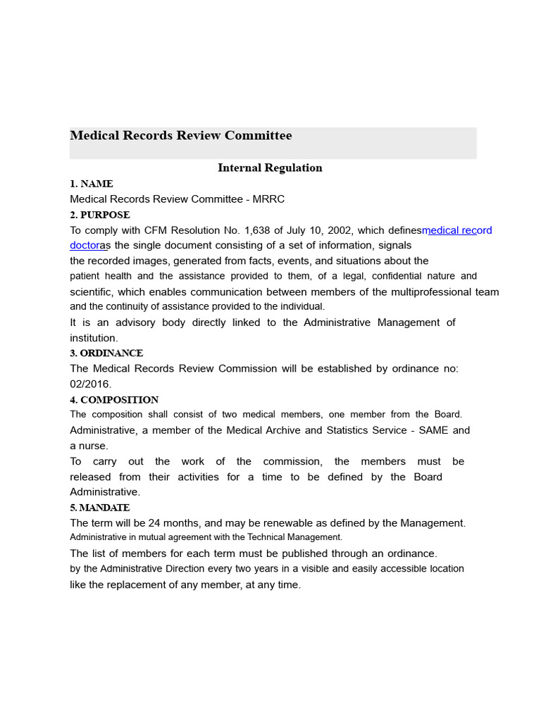 Medical Records Review Committee Guidelines | PDF | Medical Record ...