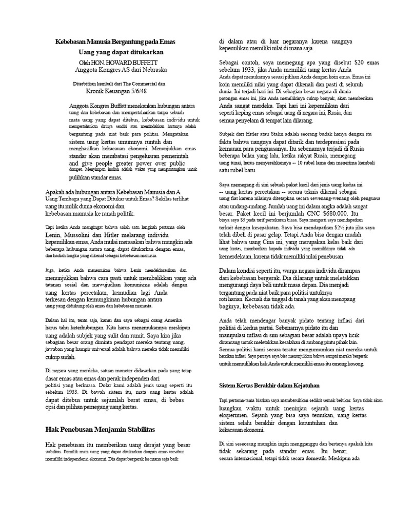 Kebebasan Manusia dan Uang Emas | PDF