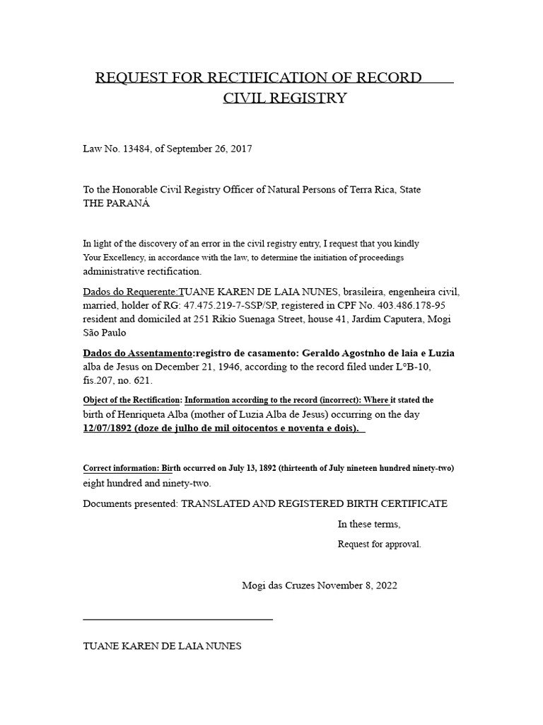 Request For Rectification of Civil Registration Entry | PDF | Social ...