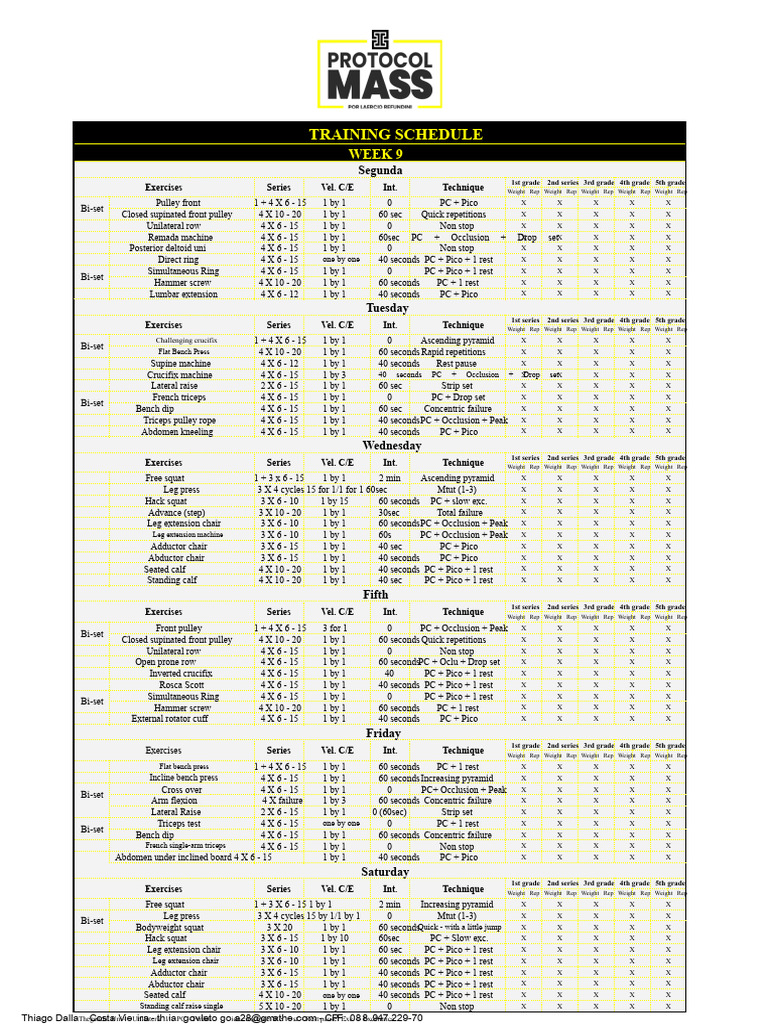 Training Week 9 - Mass Protocol | PDF | Weight Training | Physical Exercise