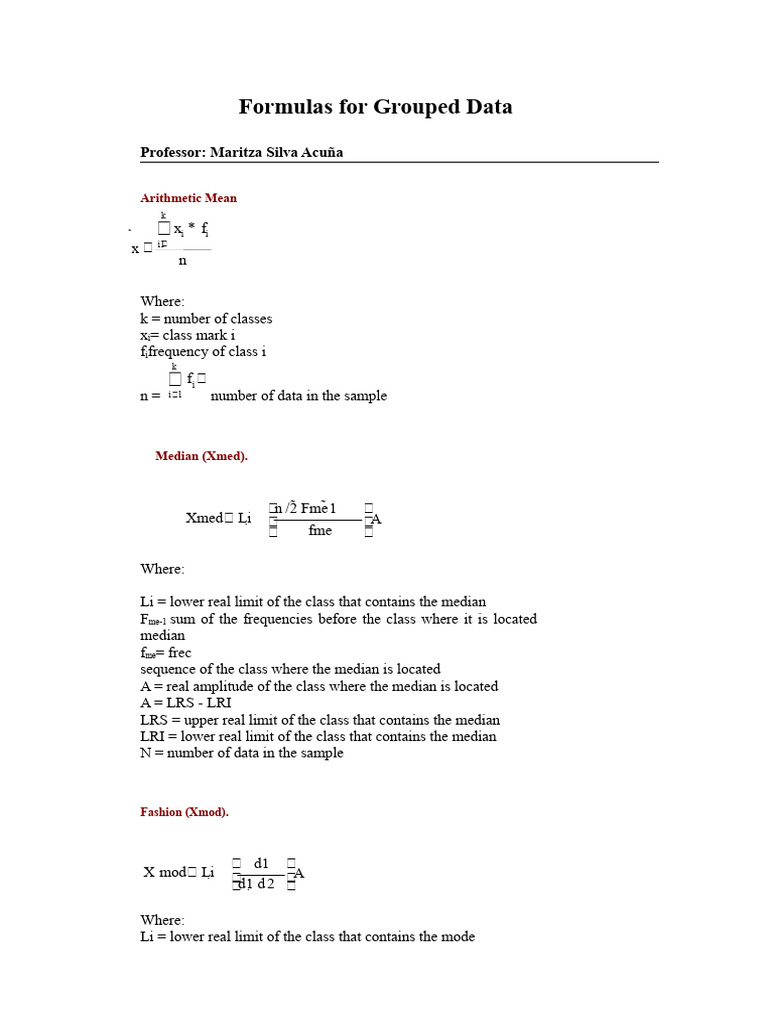 Formulas For Grouped Data | PDF | Mean | Mode (Statistics)
