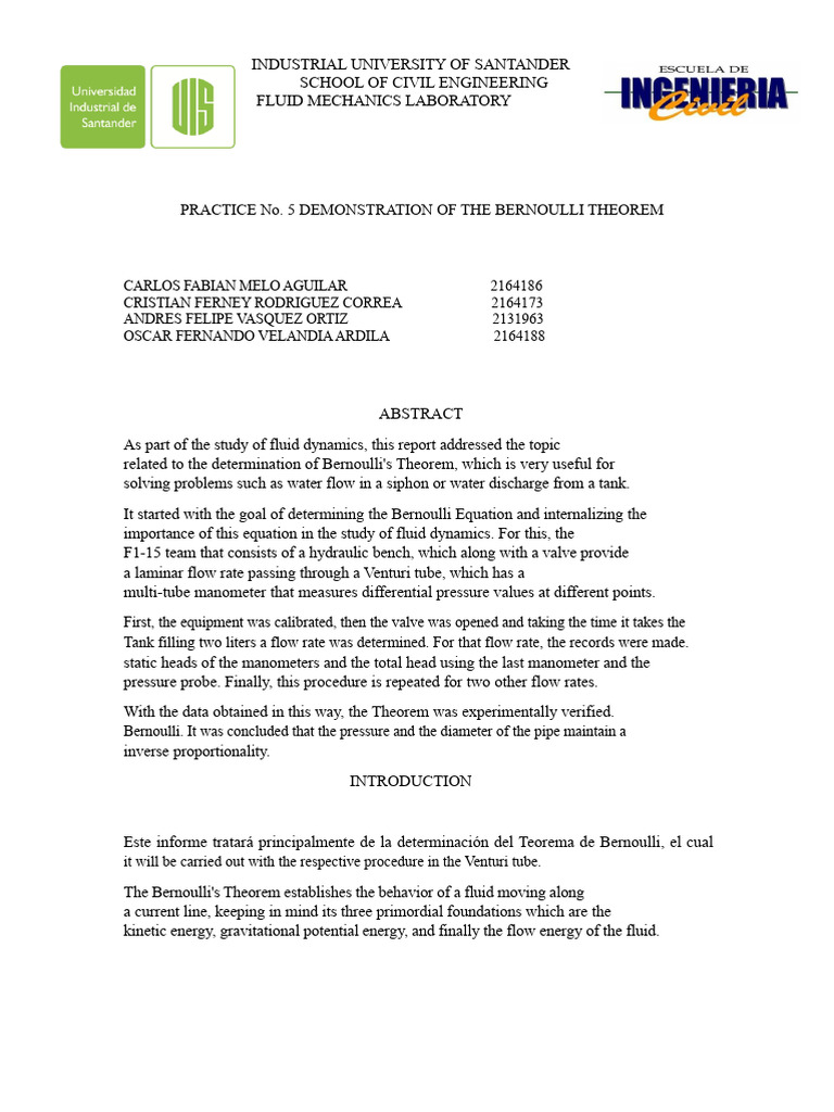 Practice N°5 Demonstration of Bernoulli's Theorem | PDF | Fluid ...