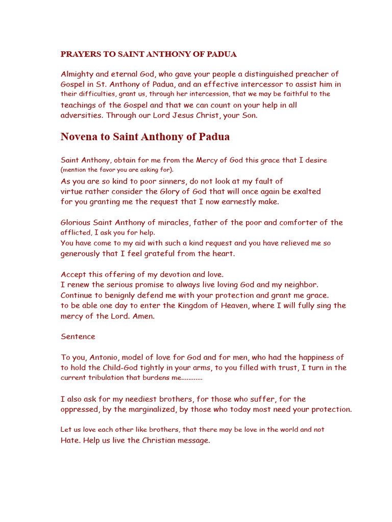 Prayers and Novena to Saint Anthony | PDF | Lord's Prayer | God In ...