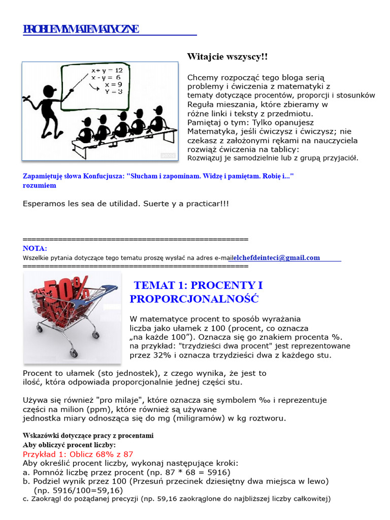 Ćwiczenia Z Matematyki - Procenty, Proporcje I Zasada Mieszania | PDF