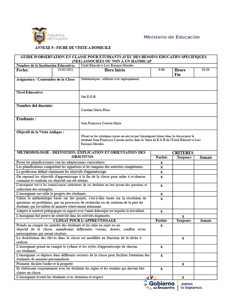 Fiche de Visite : Observation en Classe NEE | PDF | Pédagogie ...
