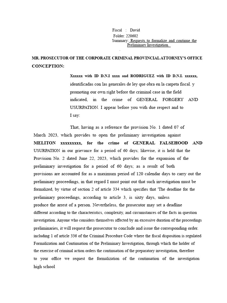 Request To Formalize and Continue The Preliminary Investigation. | PDF ...