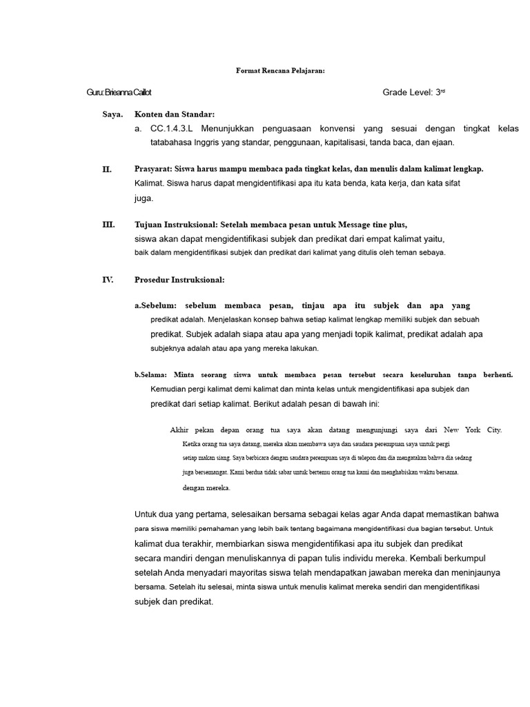 Rencana Pelajaran Subjek dan Predikat Kelas 3 | PDF