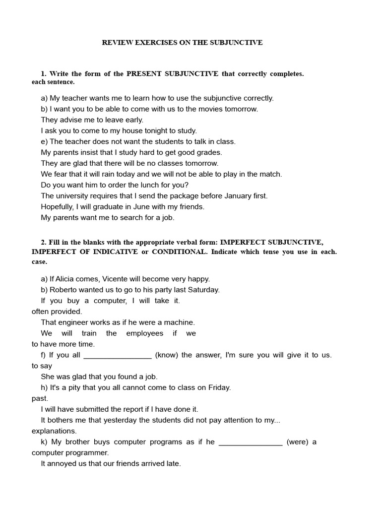 Subjunctive Mood Review Exercises | PDF | Grammatical Tense | Language ...