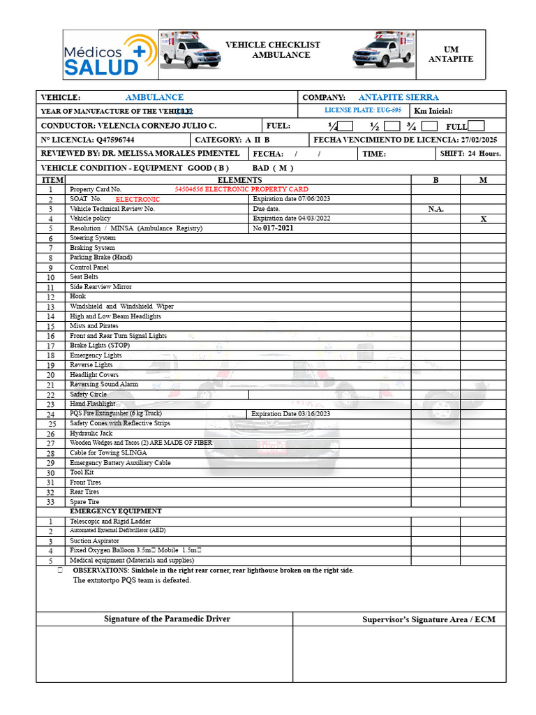 Ambulance Vehicle Checklist 2021 | PDF | Vehicles | Ambulance