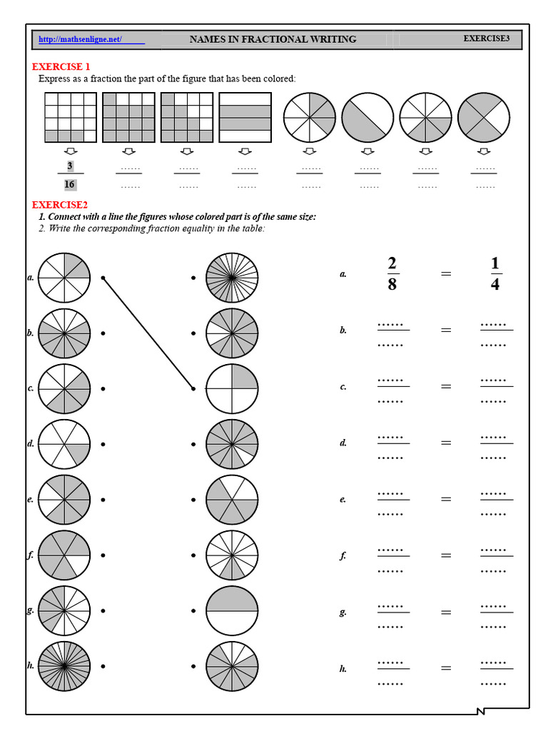 Chap 9 - Exercises 3 - Writing A Fraction (Pie Charts) - ANSWER KEY | PDF