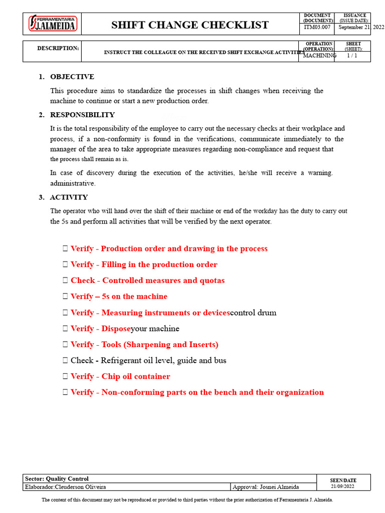 ITM03.007 - Shift Change Checklist | PDF