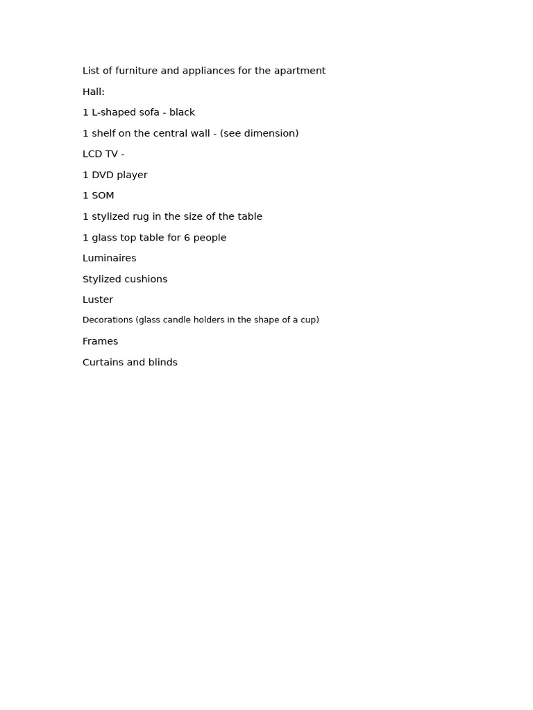 List of Furniture and Appliances For An Apartment | PDF | Tableware ...