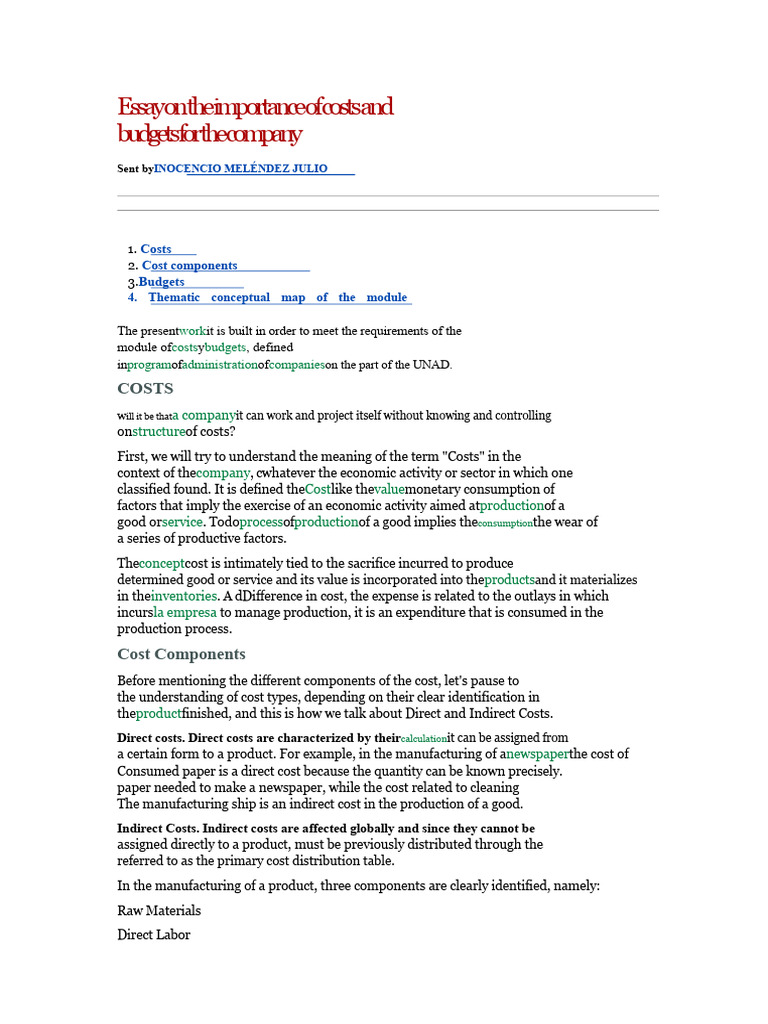 Essay On The Importance of Costs and Budgets For The Company | PDF ...