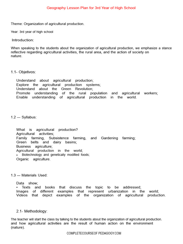 Agricultural Production Lesson Plan | PDF | Agriculture | Lesson Plan