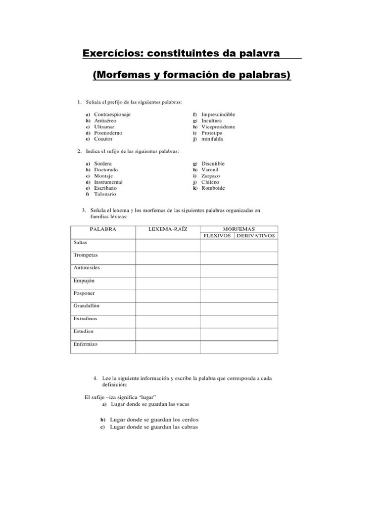 Exercícios Constituintes Da Palavra | PDF