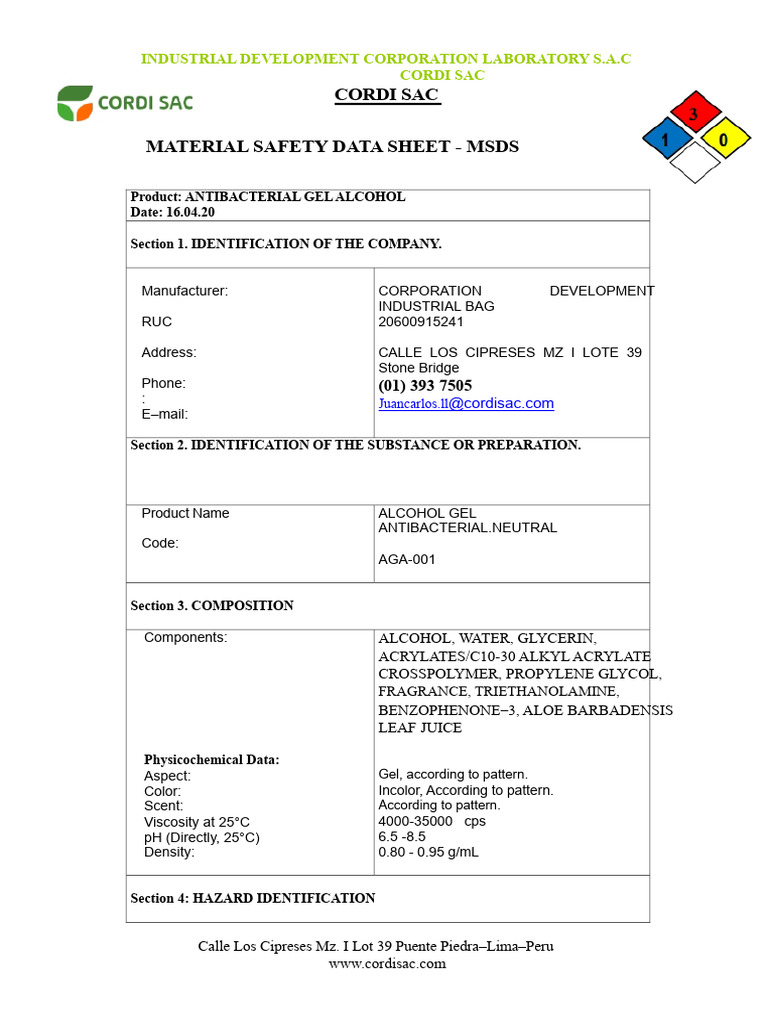 MSDS Antibacterial Gel Alcohol | PDF | Dangerous Goods | Toxicity