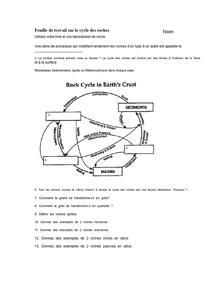 Feuille de Travail Sur Le Cycle Des Roches | PDF | Roche sédimentaire ...