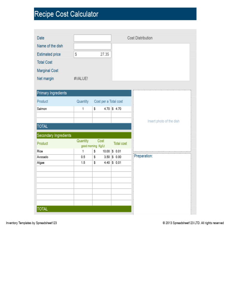 Recipe Cost Calculator Tool | PDF