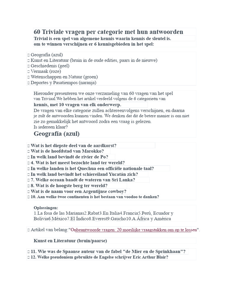 60 Trivia Vragen Per Categorie Met Hun Antwoorden | PDF