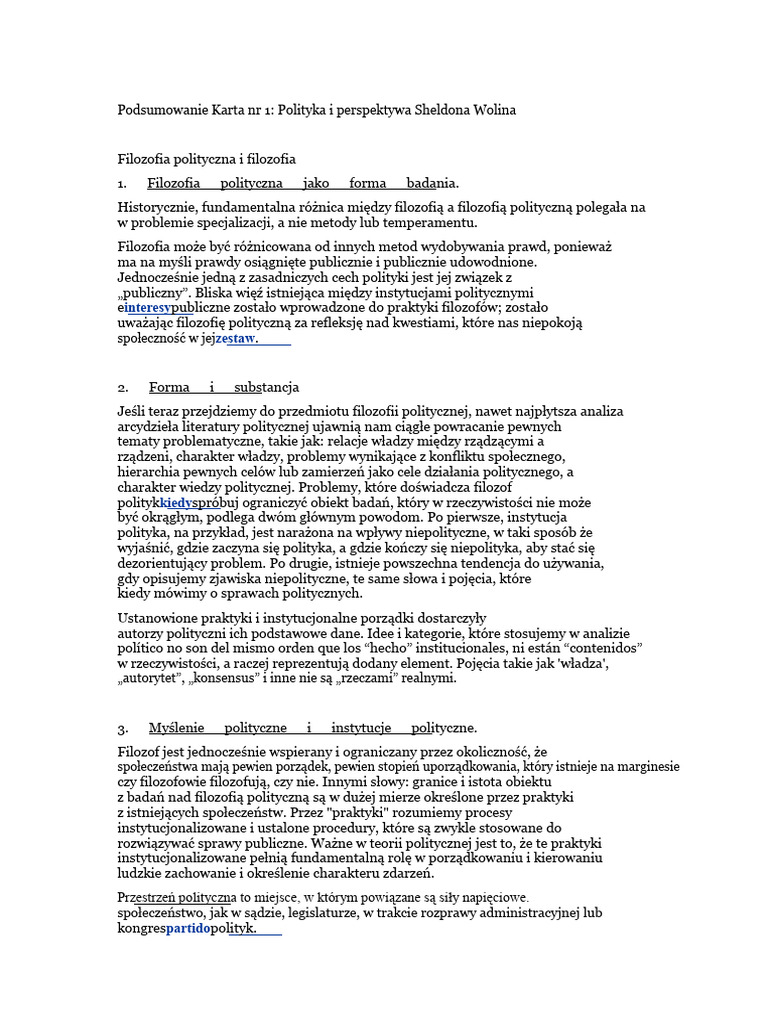 Streszczenie Karty NR 1 - Polityka I Perspektywa - Sheldon Wolin | PDF