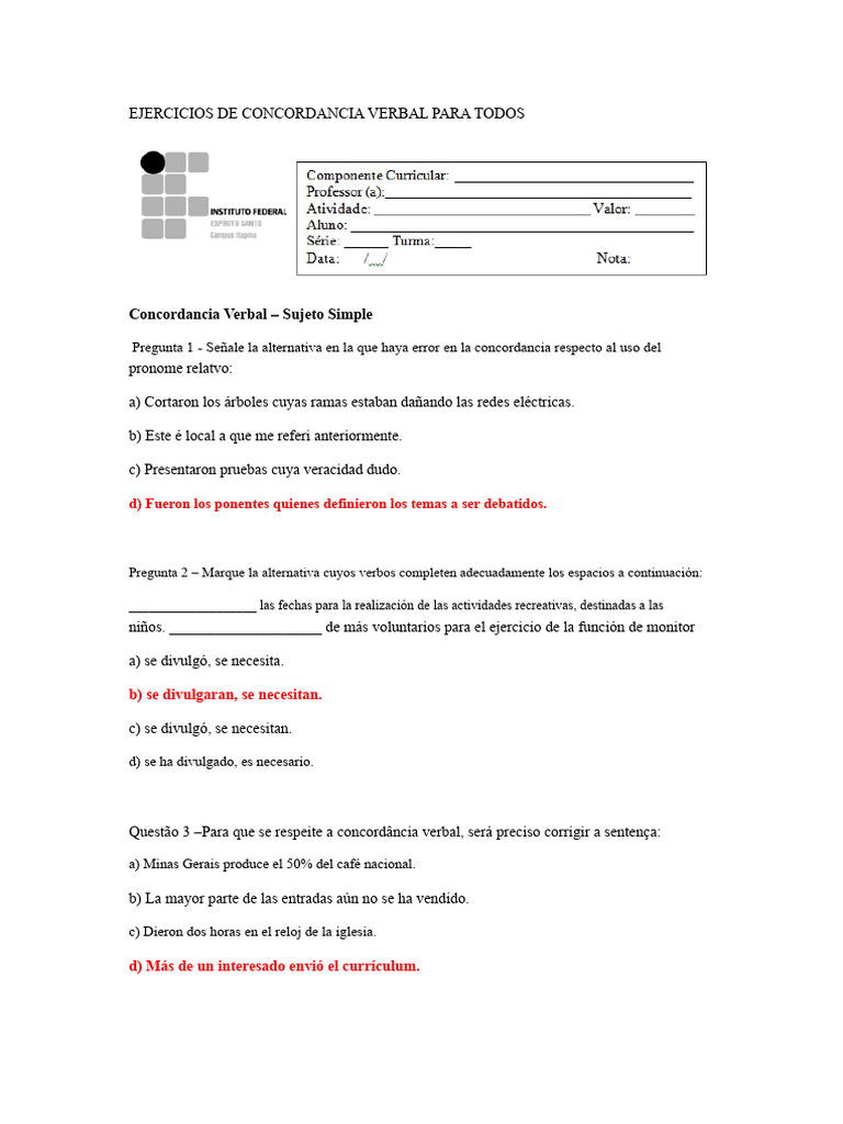 Ejercicios de Concordancia Verbal en Español | PDF | Verbo | Lingüística