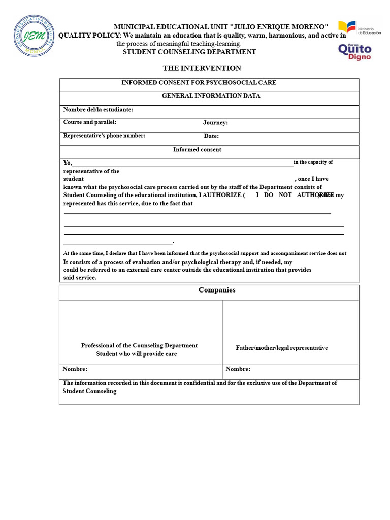 Informed Consent For Psychosocial Care | PDF