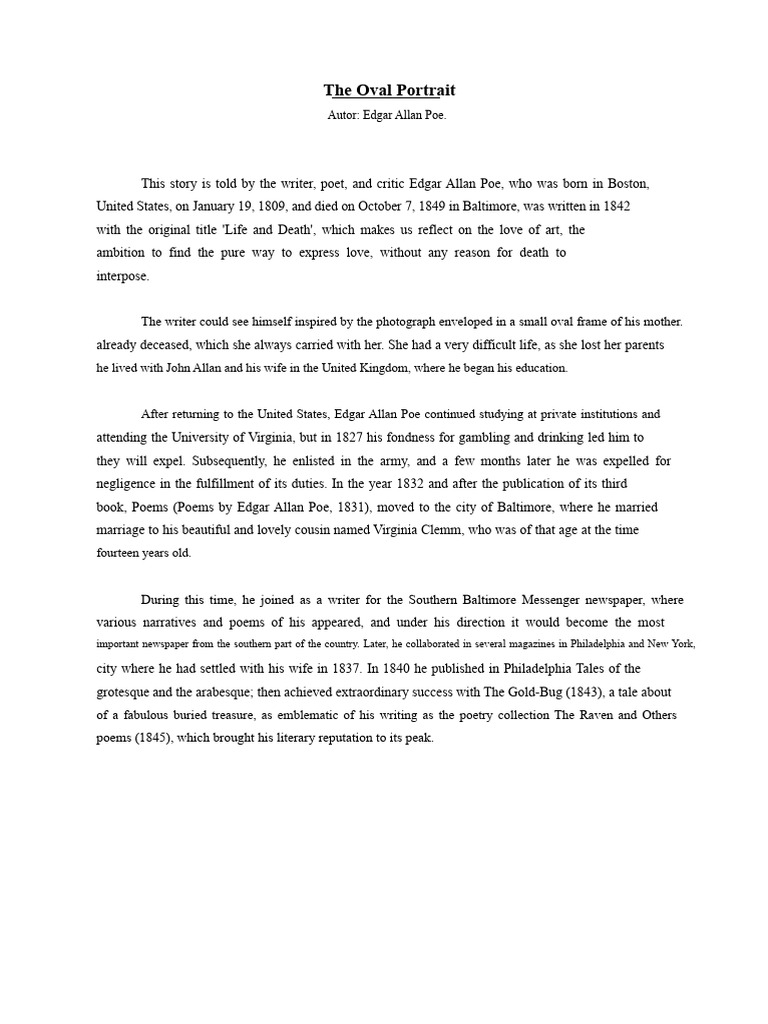 Essay On The Oval Portrait. Vega | PDF | Edgar Allan Poe | Paintings