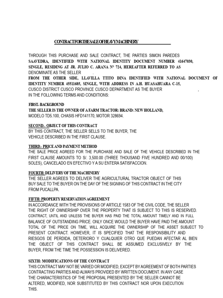 Heavy Machinery Sale Contract | PDF | Civil Law (Legal System ...