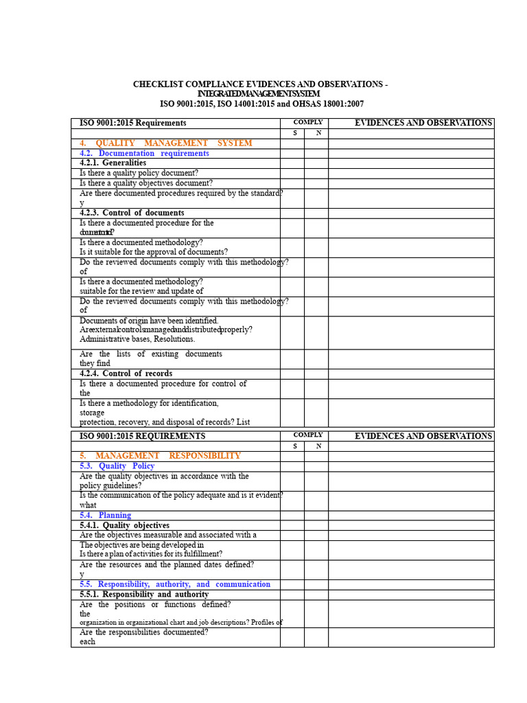 ISO Compliance Checklist for Management Systems | PDF | Verification ...