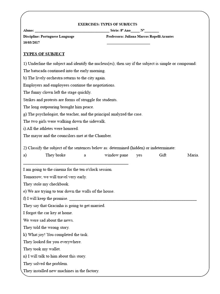 Exercises Types of Subject | PDF