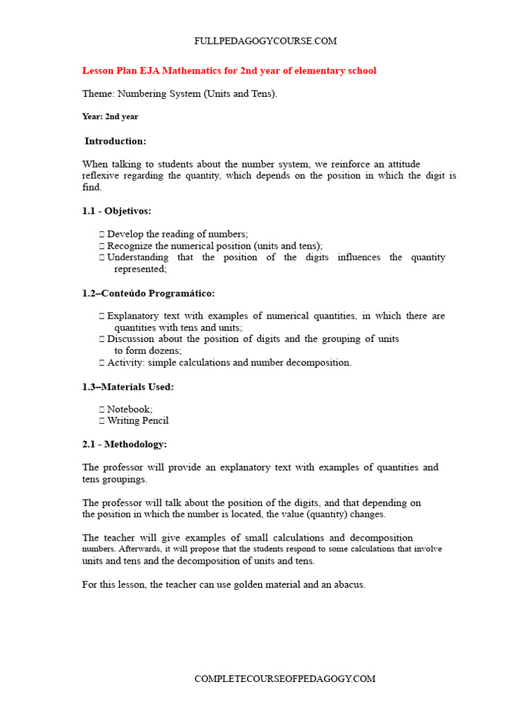 Lesson Plan For Adult Education Math For 2nd Grade of Elementary School ...