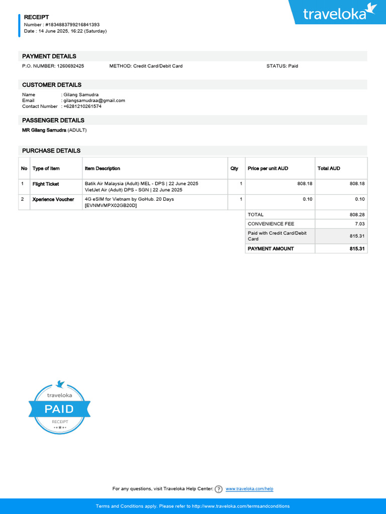 Receipt For Flight Ticket To Vietnam | PDF