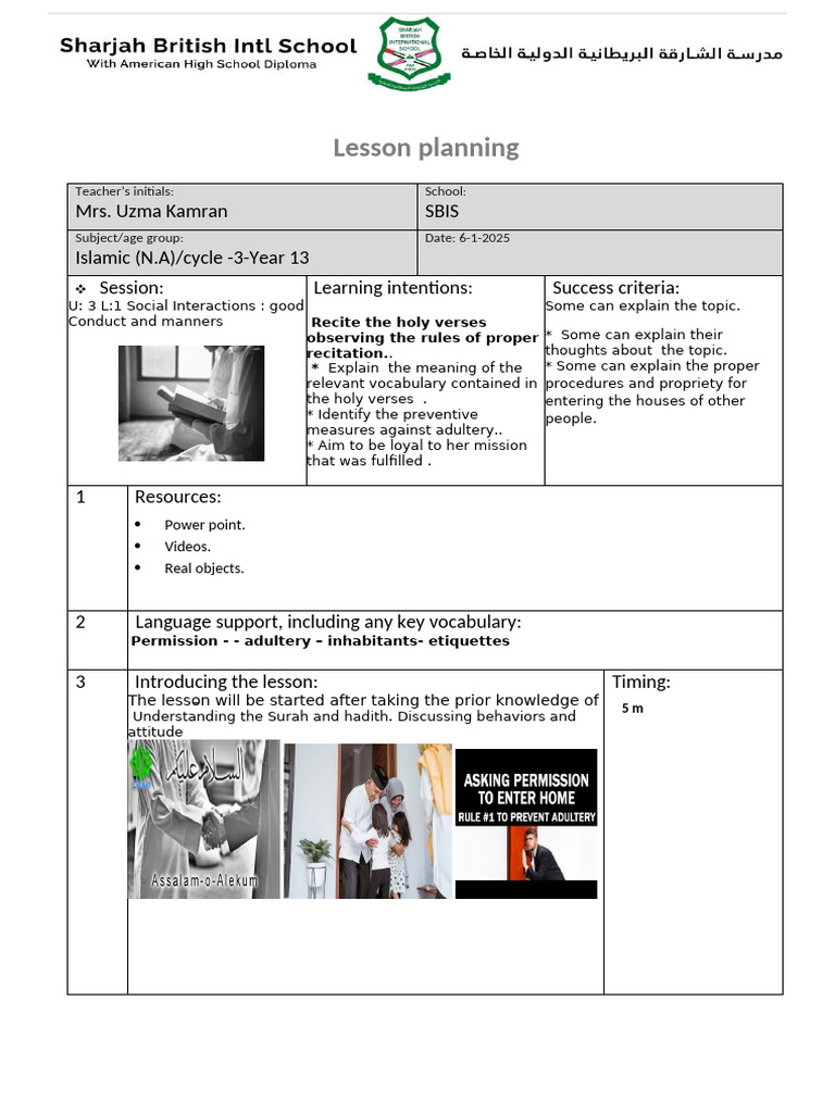 Islamic Lesson Plan on Social Interactions | PDF | Surah | Learning