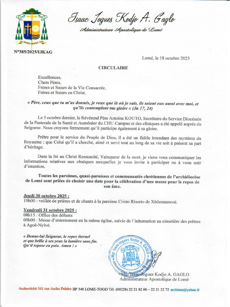 N°385-25 Circulaire Programme Obsèques P. KOUTO | PDF