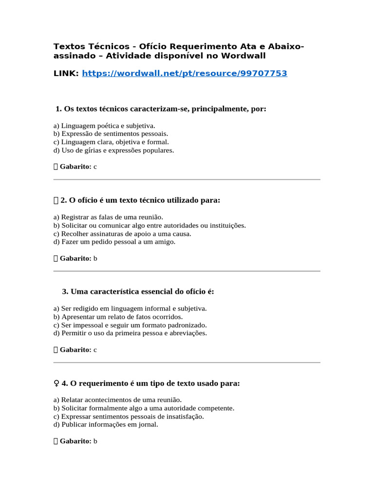 Questionário Sobre Textos Técnicos - Ofício Requerimento Ata e Abaixo-Assinado | PDF