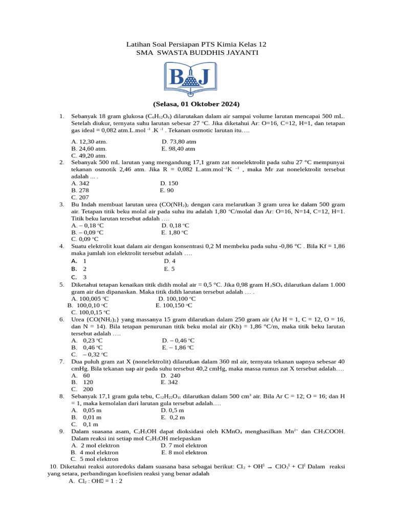 Latihan Soal PTS Kimia Kelas 12 | PDF