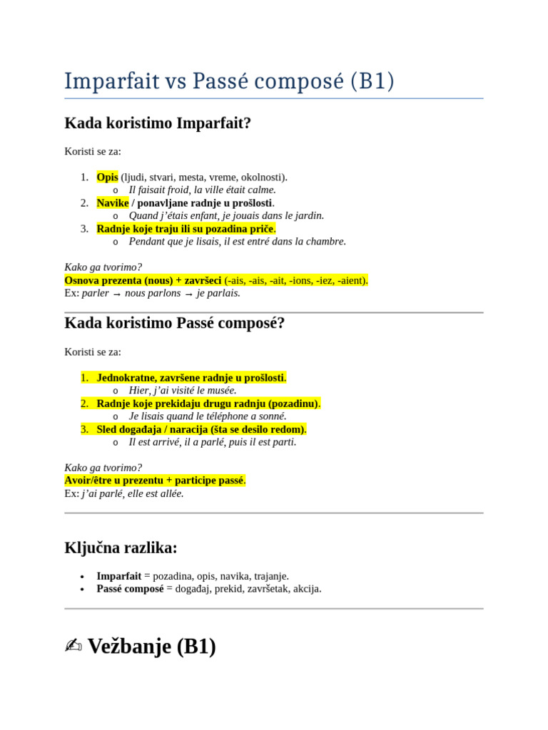 Imparfait et Passé Composé : Guide B1 | PDF