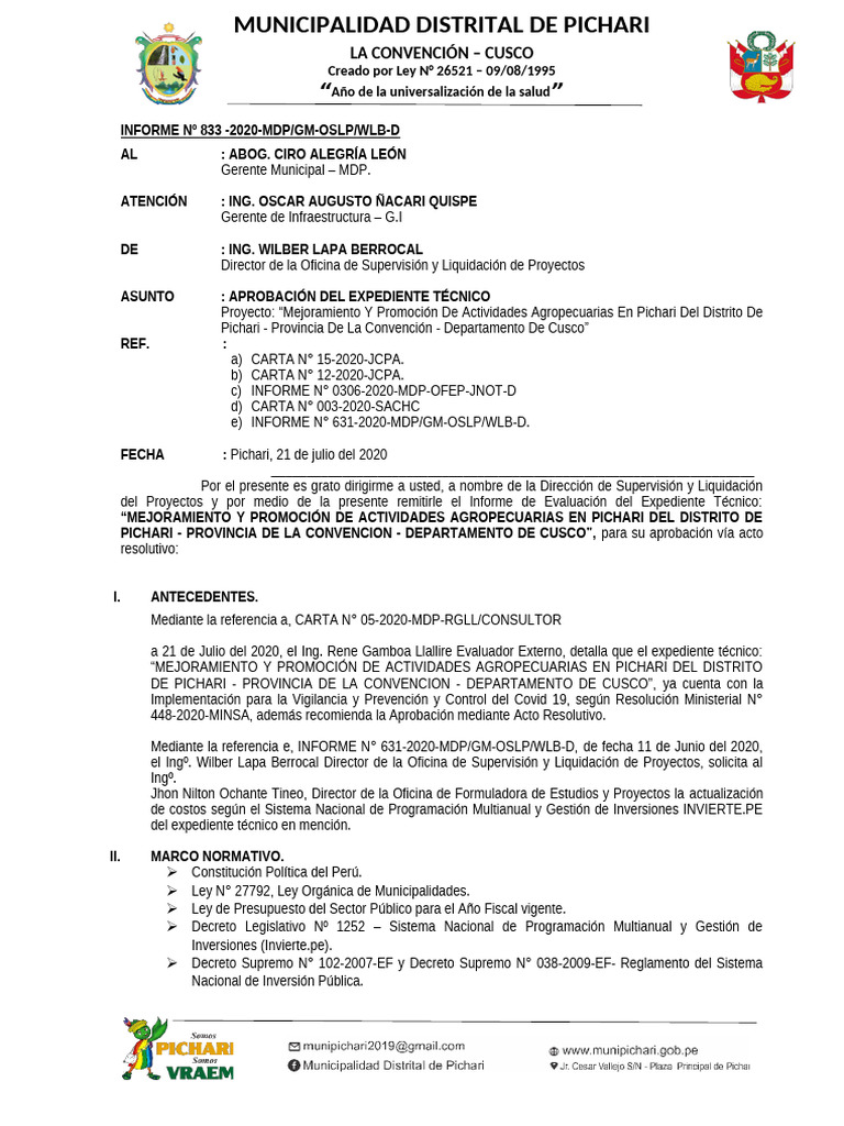 Informe #833 Aprobacion Exp Tec. Actividades Agropecuarias Pichari 2020. | PDF | Agricultura ...