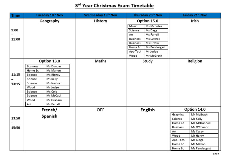 3rd Yr Christmas Exam Timetable-2 | PDF