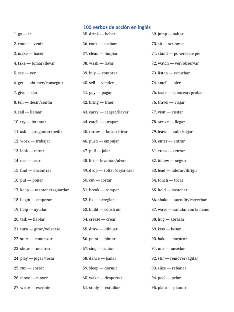 100 verbos de acción en inglés | PDF