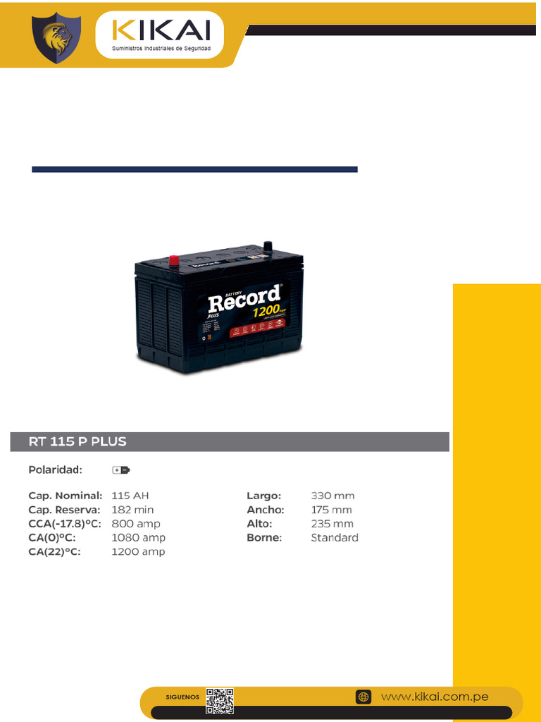 Batería Record 17 Placas Rt 115p - Ficha Técnica | PDF