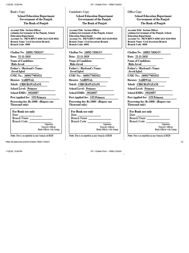 Sti - Challan Form - 10592-7jogsv | PDF | Pakistan | Economy Of Asia