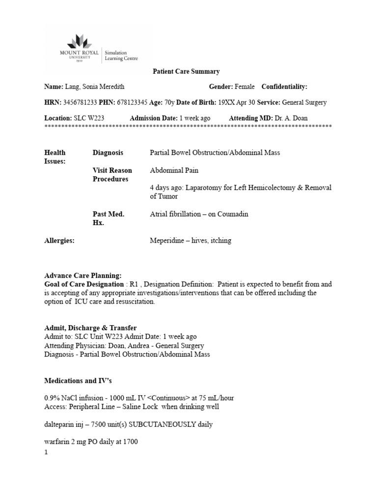 Patient Care Summary Sonia Lang October 30th, 2020 | PDF | Medical ...