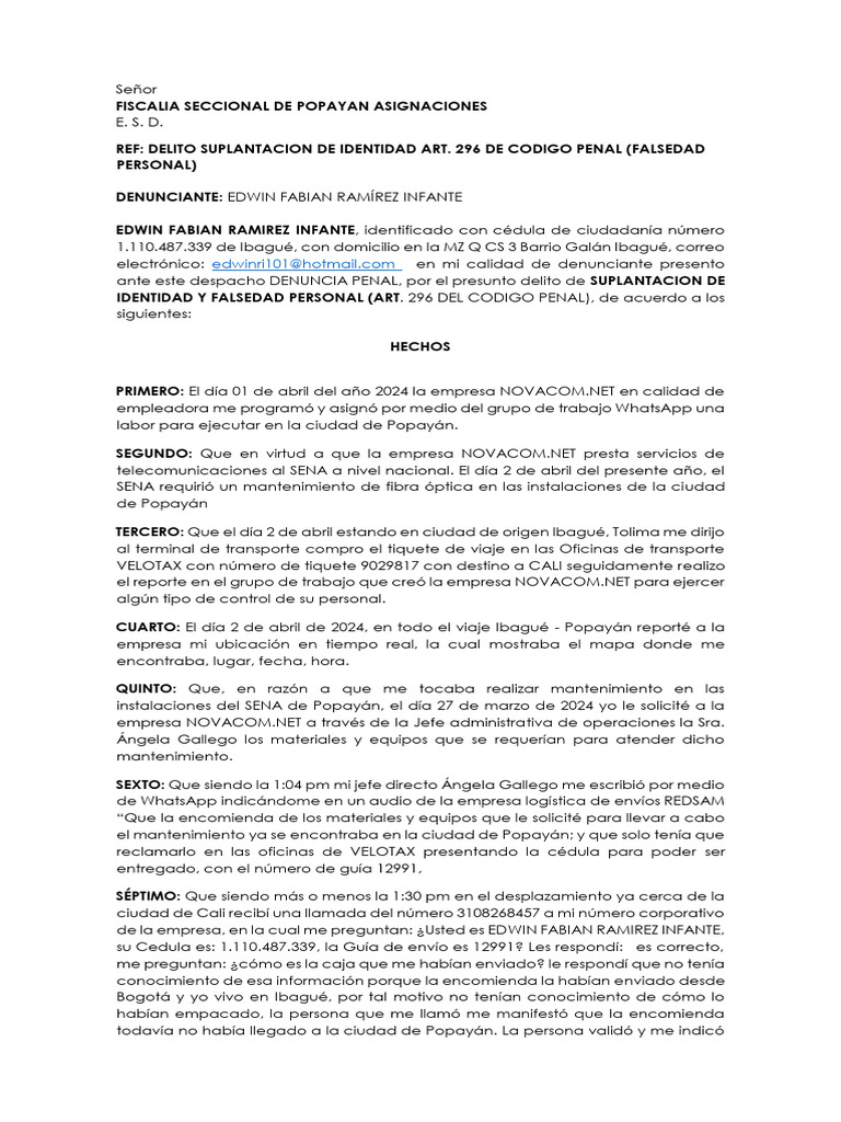 Denuncia Suplantacion de Identidad de Edwin Fabian Ramirez Infante | PDF
