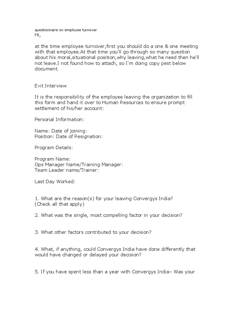 Questionnaire On Employee Turnover | PDF