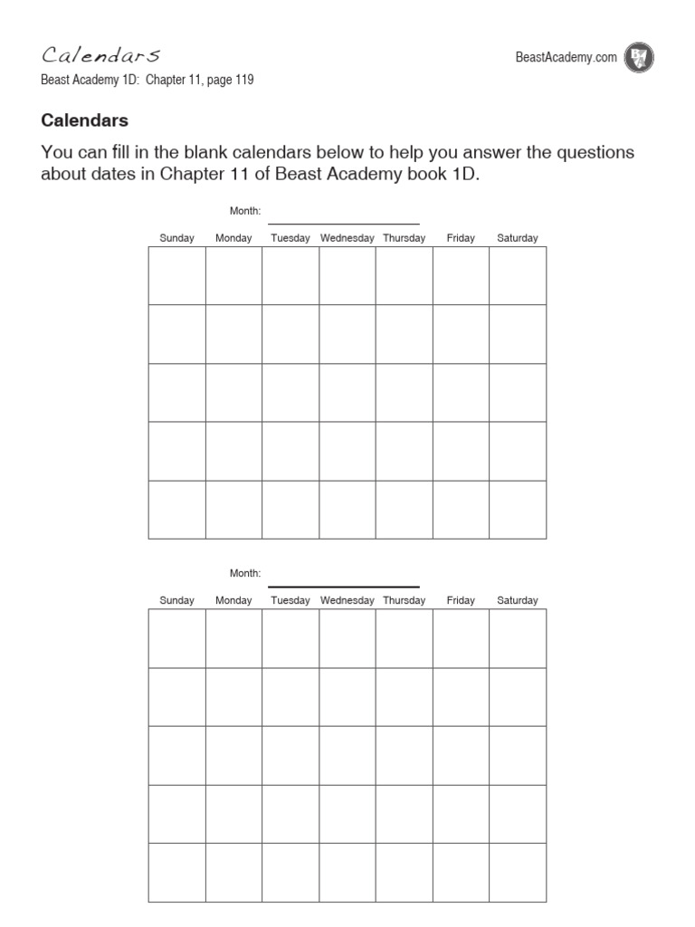 Beast Academy 1D Chapter 11 Calendars | PDF